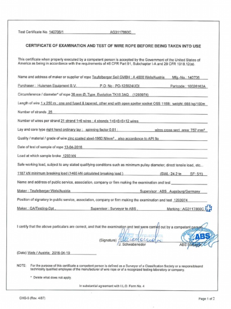 Certificate of Examination and Test - Wire Rope Before Being Take Into ...