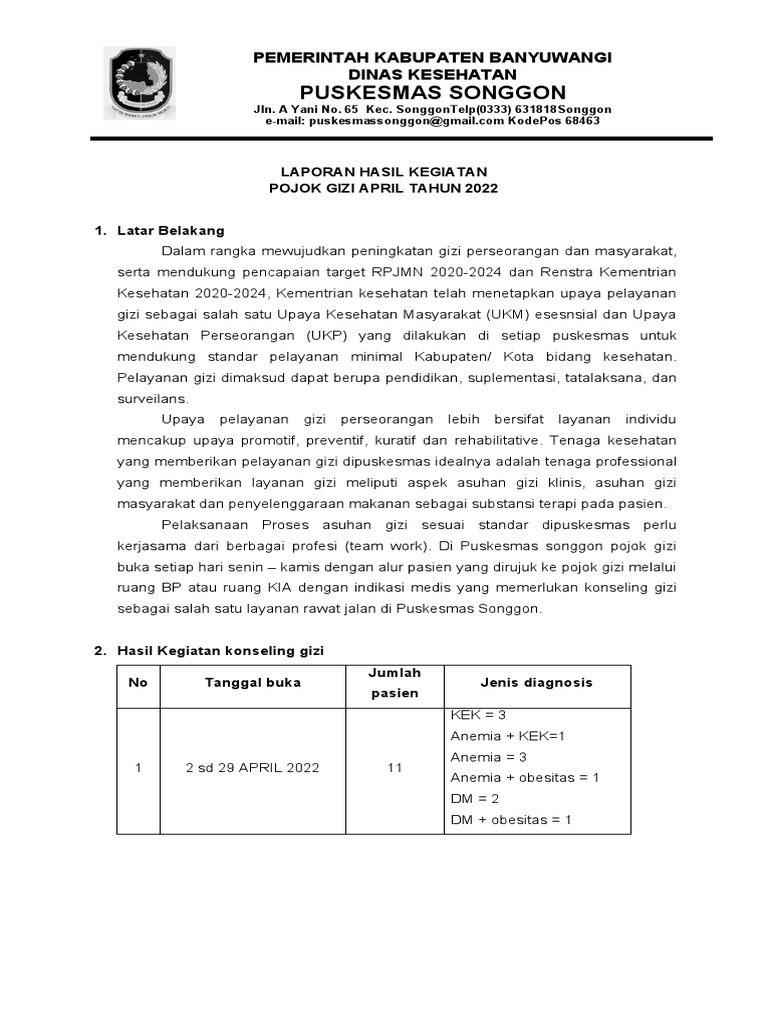 Laporan Pojok Gizi Songgon April 2022 | PDF | Kesehatan Holistik