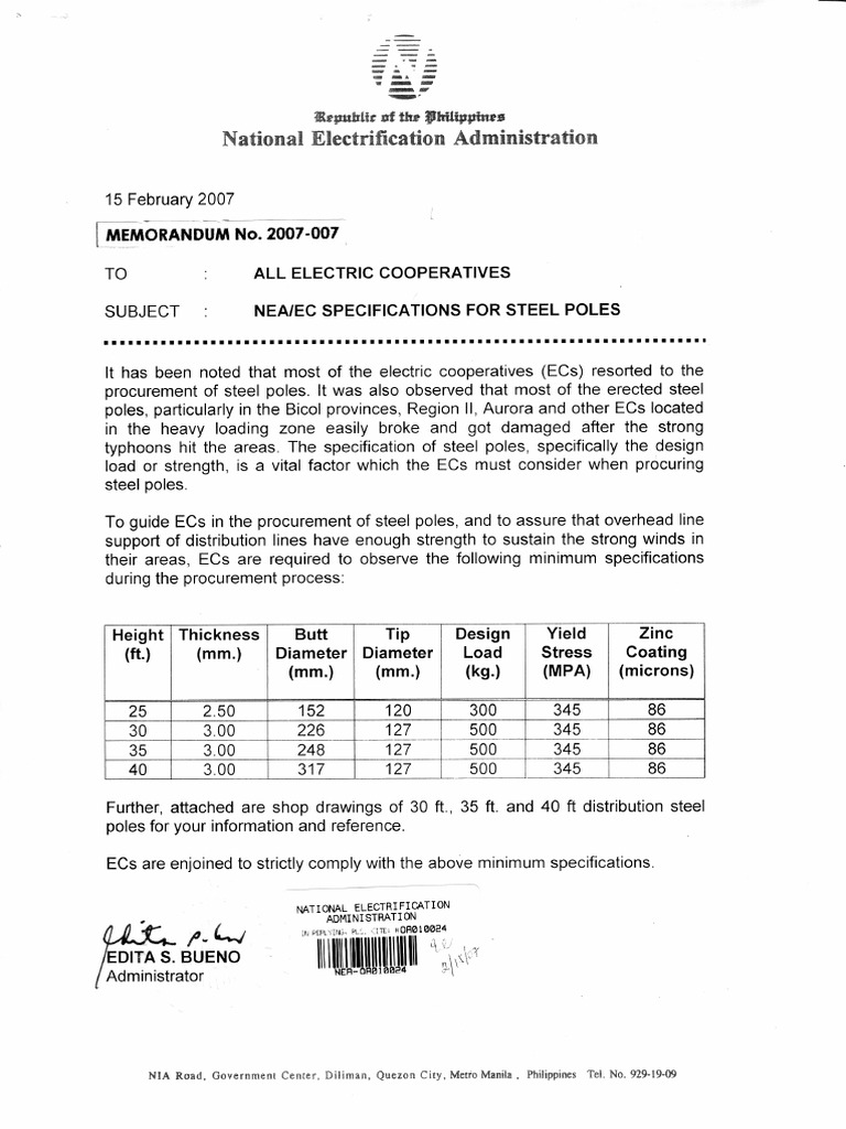NEA Memo To EC No. 2007-007 - NEA and EC Specifications For Steel Poles | PDF