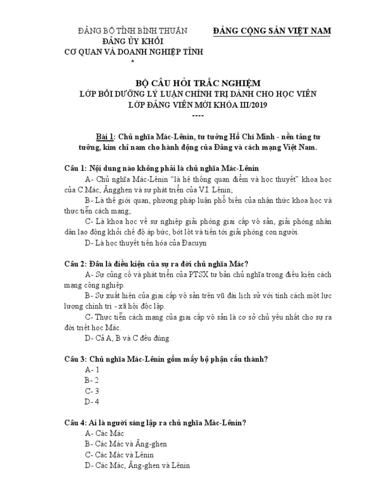 Bo Cau Hoi Lop Dang Vien Moi Khoa Iii-2019 | PDF