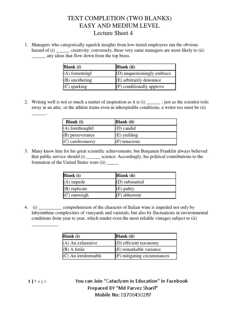 Text Completion 2 Blanks | PDF