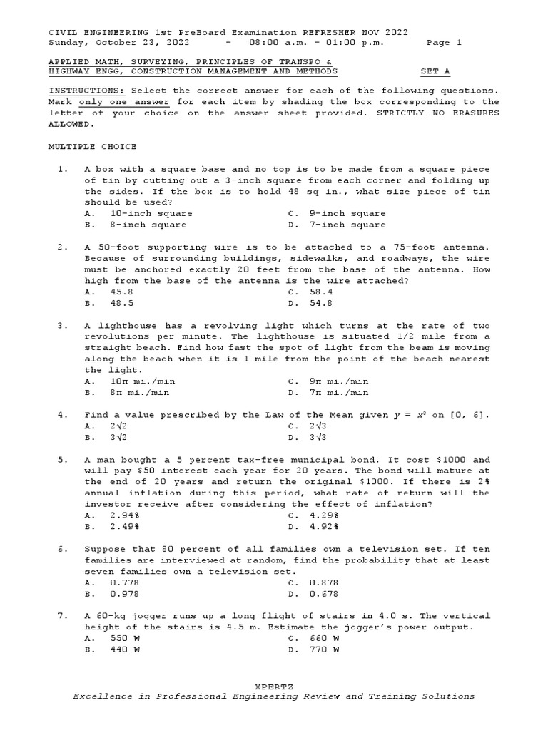 (XPERTZ) Preboard Exam 1ST MSTE Nov 2022 PDF | PDF | Tide | Concrete