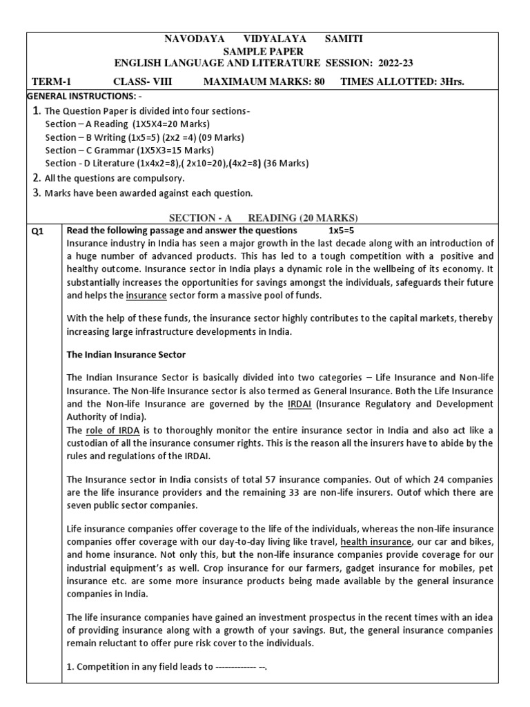 JNV Samiti Sample Paper: English Language Class 8"TITLE "Farming ...