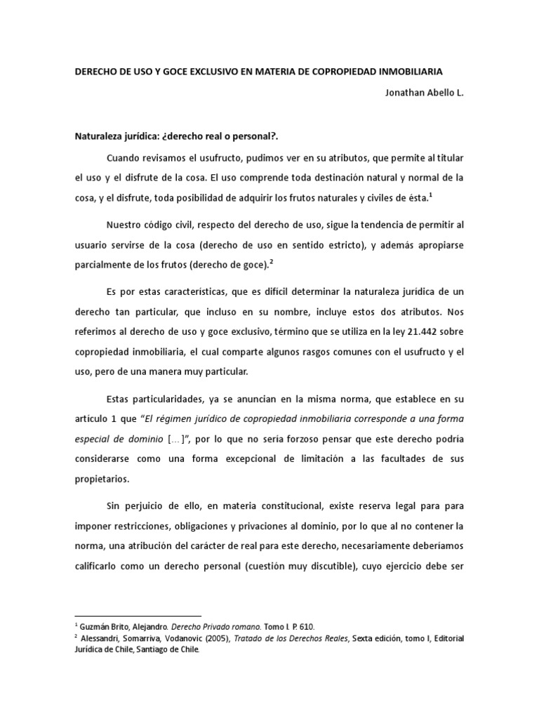 Derecho de Uso y Goce Exclusivo en Copropiedad | PDF | Condominio ...