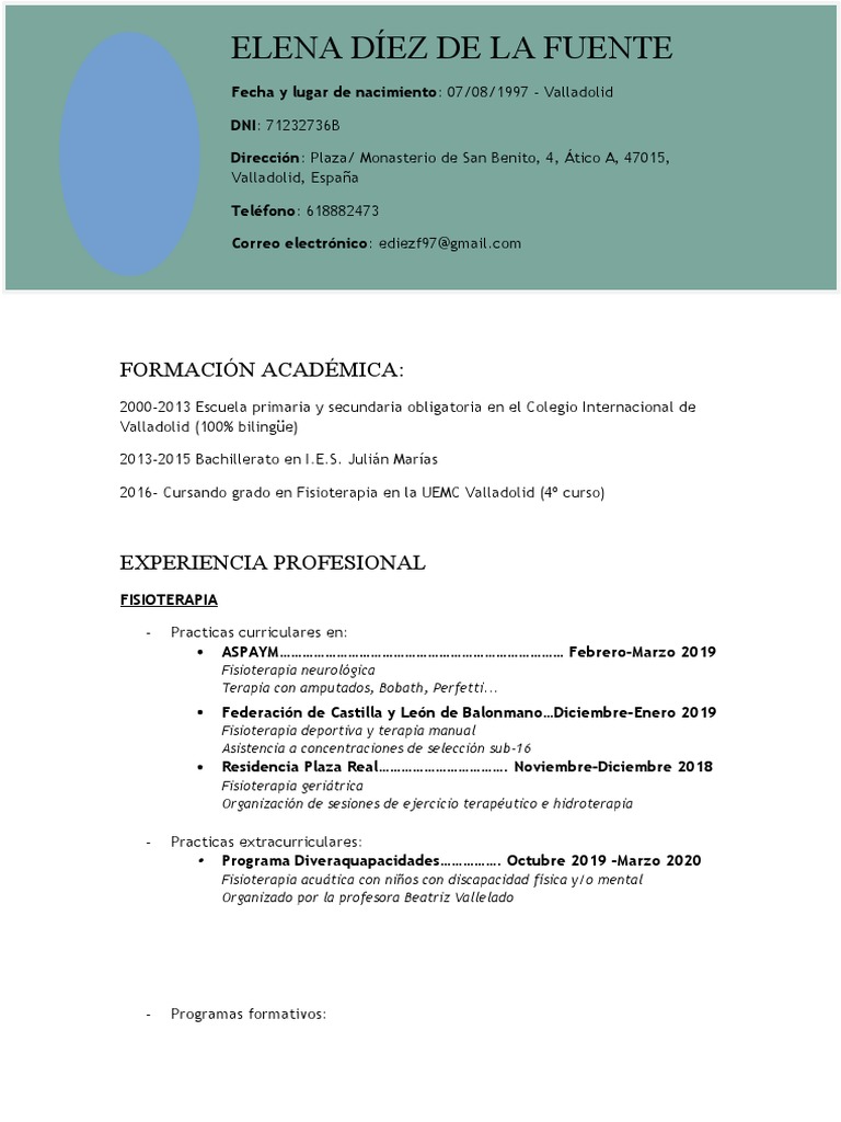 CV Elena | PDF | Terapia física | Medicina CLINICA