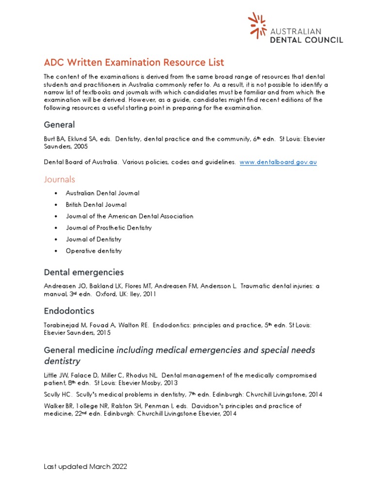 ADC Written Exam Resource List | PDF | Dentistry | Medicine