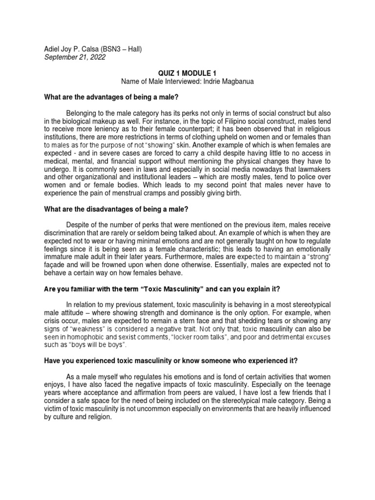 Adiel Joy Calsa QUIZ 1 MODULE 1 | PDF | Masculinity | Thought