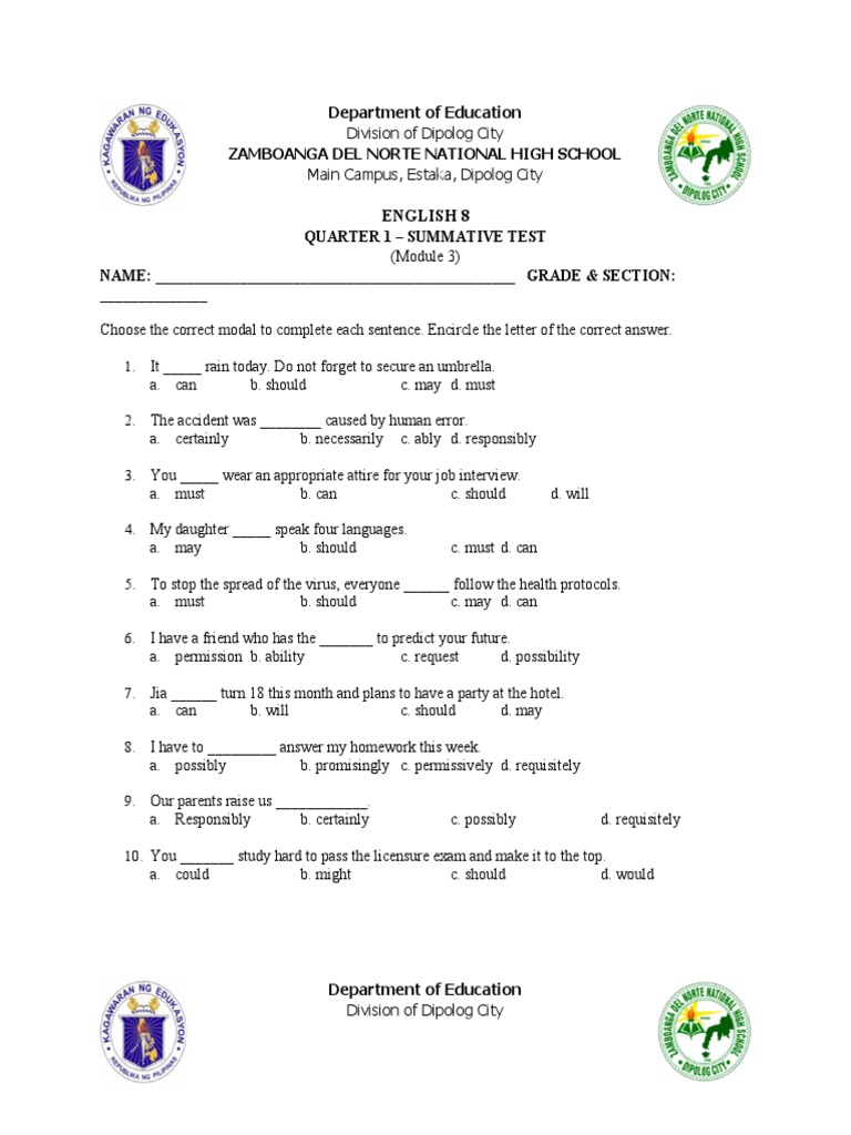 Eng 8 ST and PT M3 | PDF | Syntax | Cognitive Science