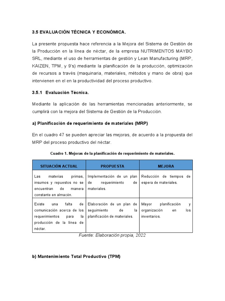 Valuacion Tec y Ec | PDF | Planificación | Lean Manufacturing