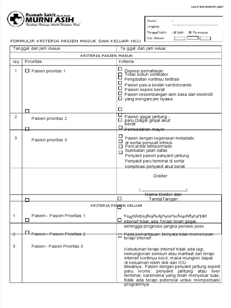 PDF 141 Formulir Kriteria Pasien Masuk Dan Keluar Icu | PDF