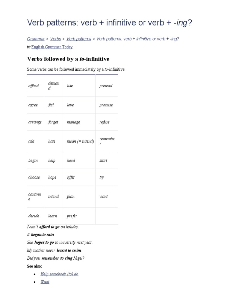 Verb Patterns | Pdf | Verb | Syntax