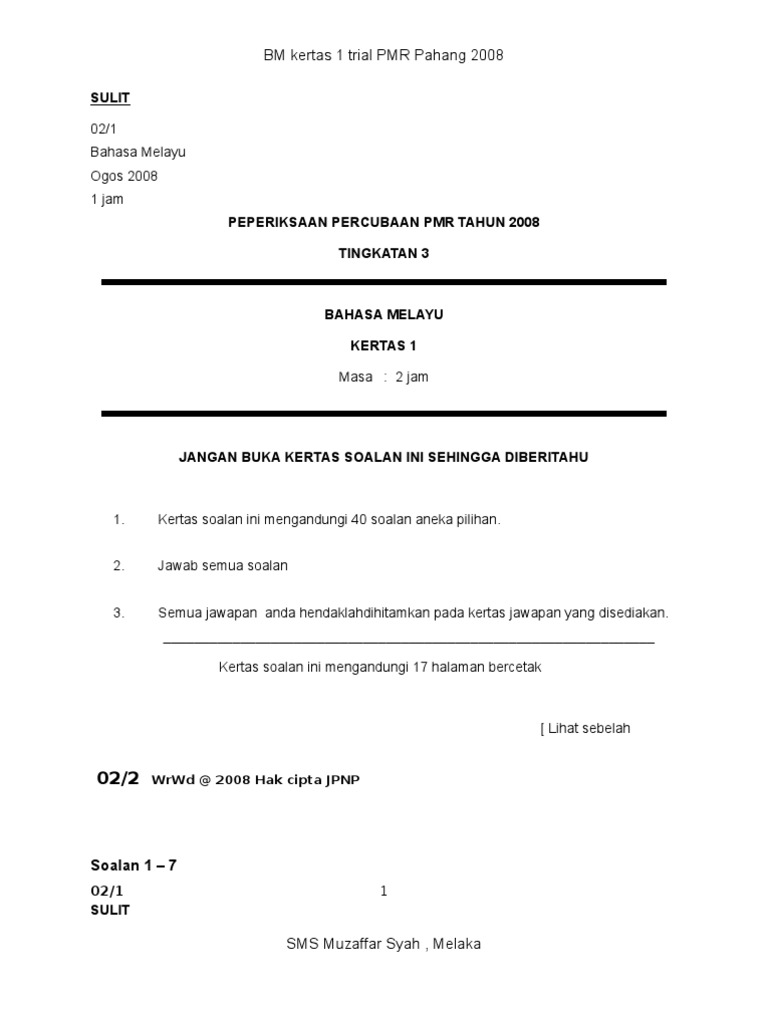 Pahang: Percubaan PMR 2008: BM Kertas 1 (& JWP) | PDF