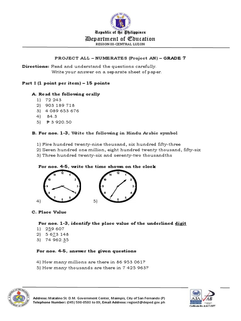 Grade 7 Project An Assessment Tool (Post Test) | PDF | Mathematics