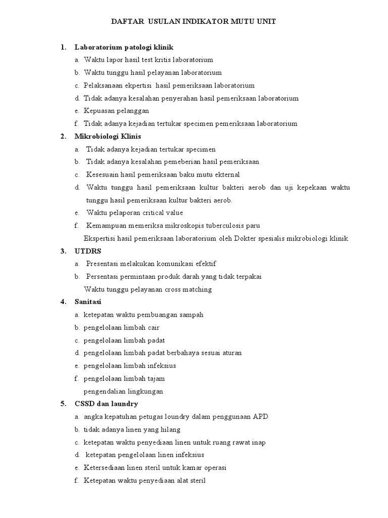 Daftar Usulan Indikator Mutu Unit Penunjang Medis | PDF