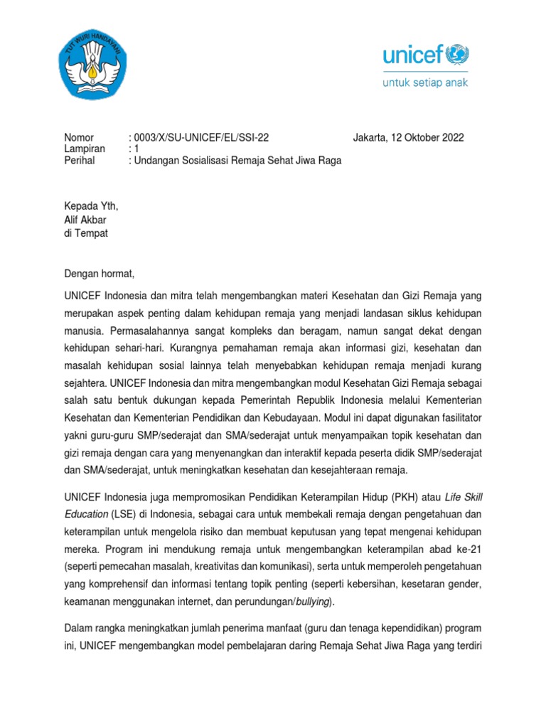Surat Undangan Sosialisasi Remaja Sehat Jiwa Raga - Alif Akbar | PDF ...
