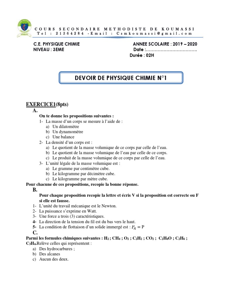 Devoir 3eme Pc-N°2 | PDF | Densité | Kilogramme