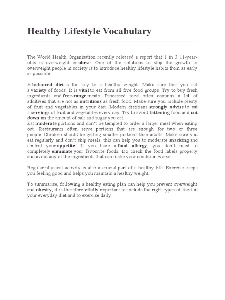 Healthy Lifestyle Vocabulary | PDF | Foods | Healthy Diet