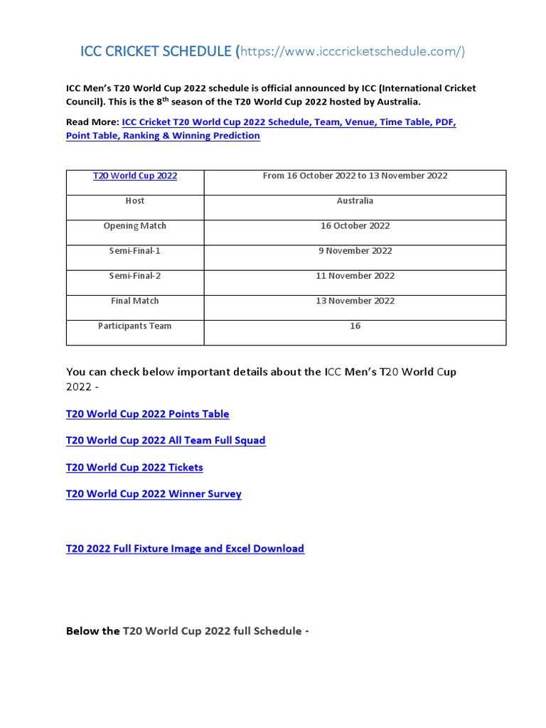 T20 World Cup 2022 Match Schedule | PDF | National Sports Teams | Ball ...