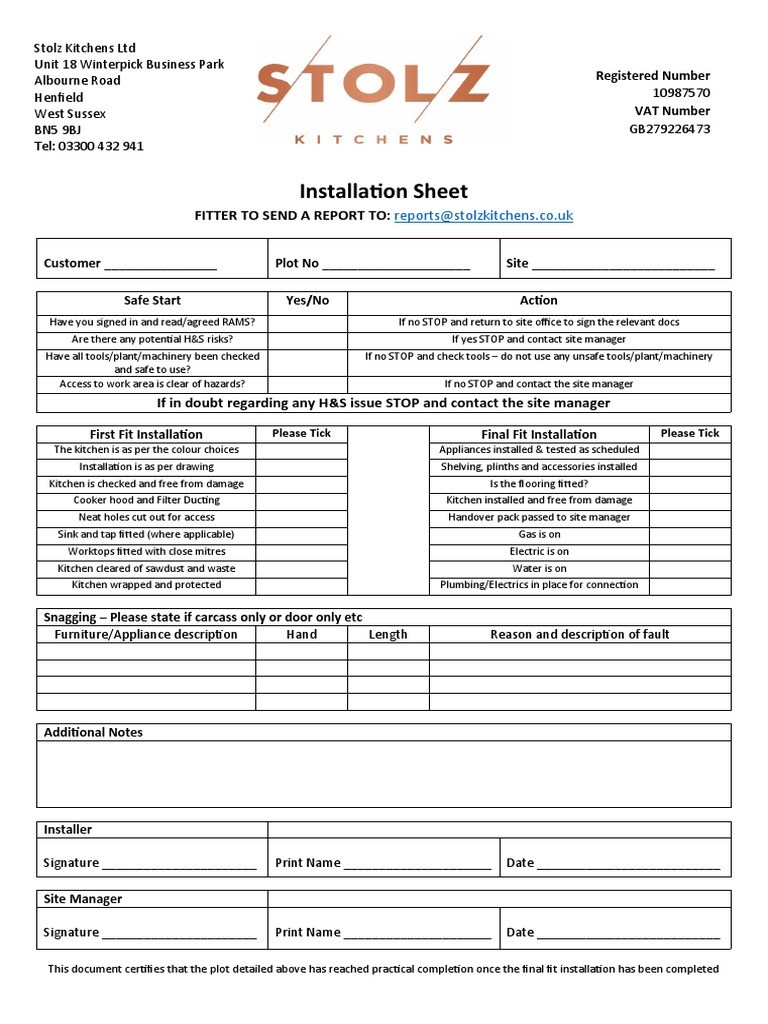 Stolz Installation Sheet | PDF | Home | Tools