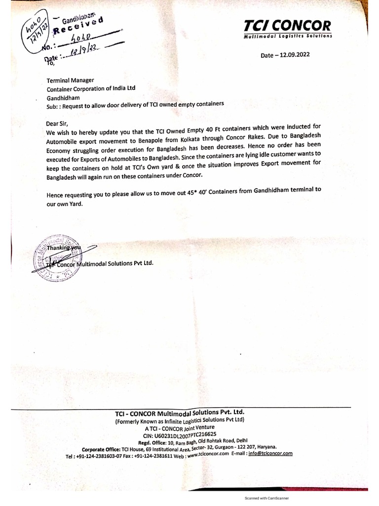 Gandhidham Concor Letter | PDF