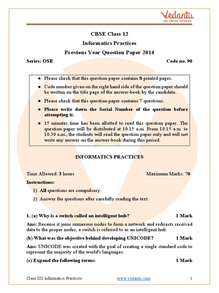 Cbse Class 12 Informatics Practices Question Paper 2014 | PDF | Database Transaction | Object ...