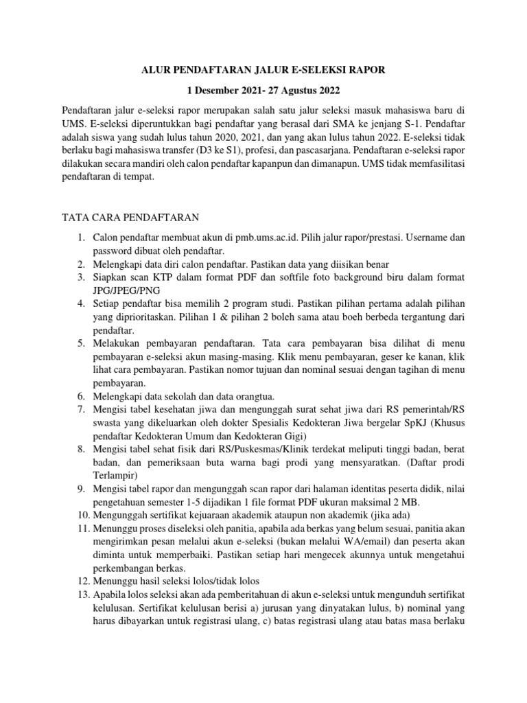 Alur E-Seleksi PMB Ums 2022 | PDF