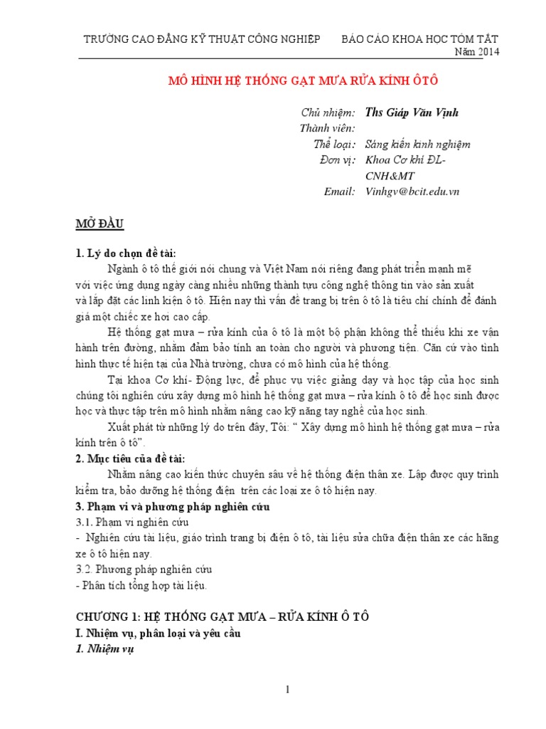 Mô Hình Hệ Thống Gạt Mưa Rửa Kính Ôtô - Skkn Giáp Văn Vịnh | PDF