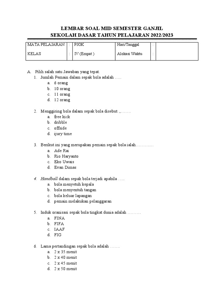 Lembar Soal Midsemester Ganjil Kelas 4 | PDF