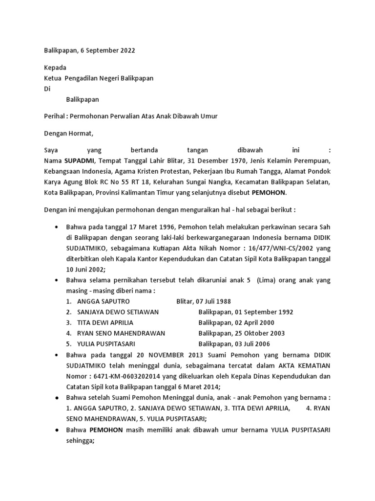 Surat Permohonan Perwalian Anak Di Bawah Umur | PDF Surat Permohonan Perwalian Anak Di Bawah Umur | PDF
