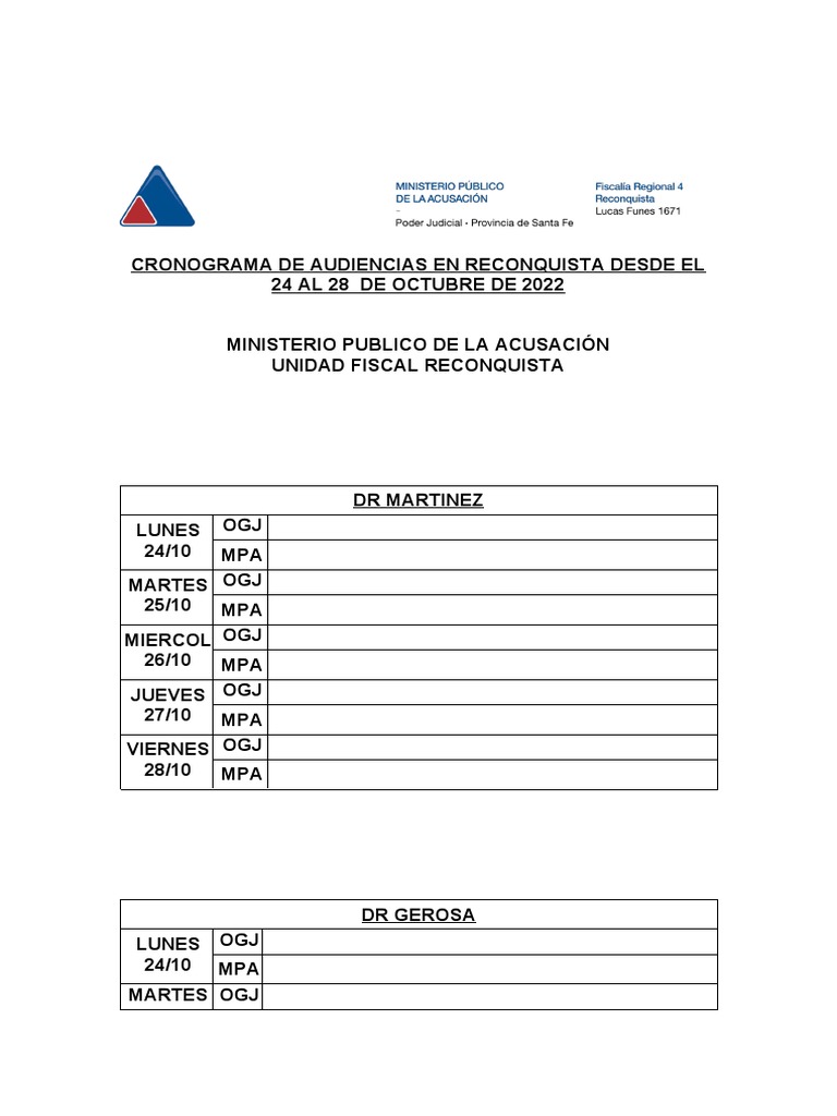 Cronograma de Audiencias en Reconquista Desde El 24 Al 28 de Octubre de ... Cronograma de Audiencias en Reconquista Desde El 24 Al 28 de Octubre de ...