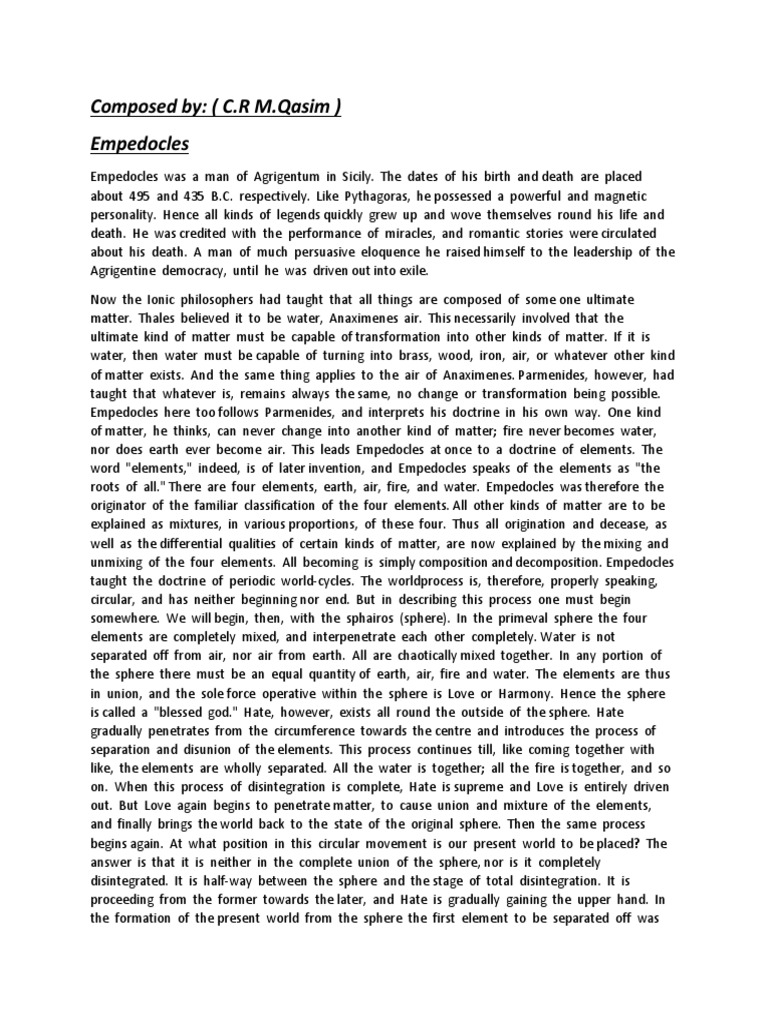 Empedocles: Founder of the Theory of Four Elements and the Doctrine of ...
