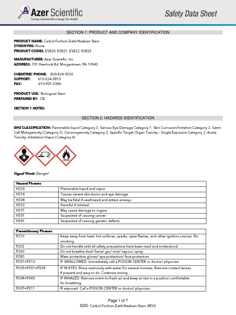 SDS - 181001 - Carbol Fuchsin Ziehl Neelsen Stain Sds - Rev3 | PDF ...