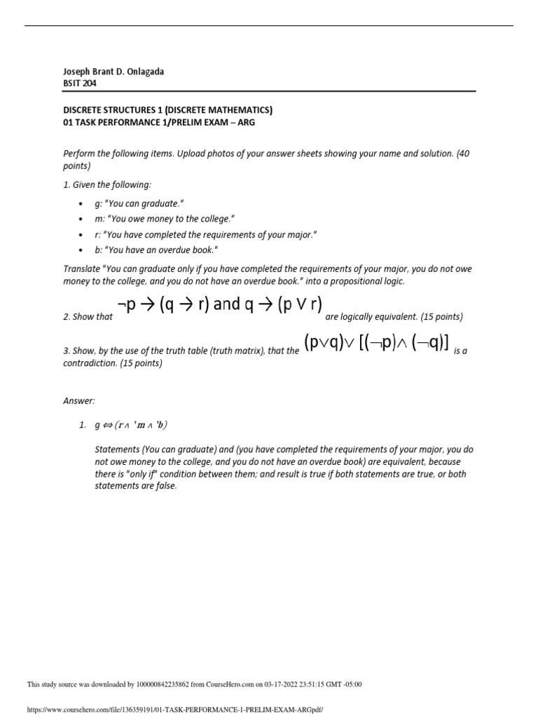 01 Task Performance 1 Prelim Exam Arg | PDF | Truth | Logic