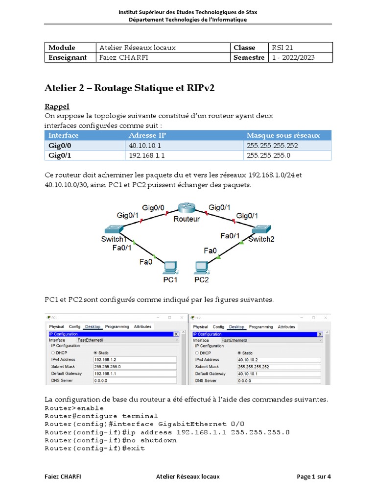Atelier 2 - Routage Statique Et Dynamique | PDF | Routage | Adresse IP