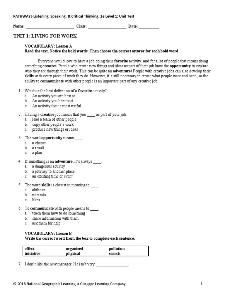 Pathways Level 1 Unit Test Guide | PDF | Stress (Linguistics ...
