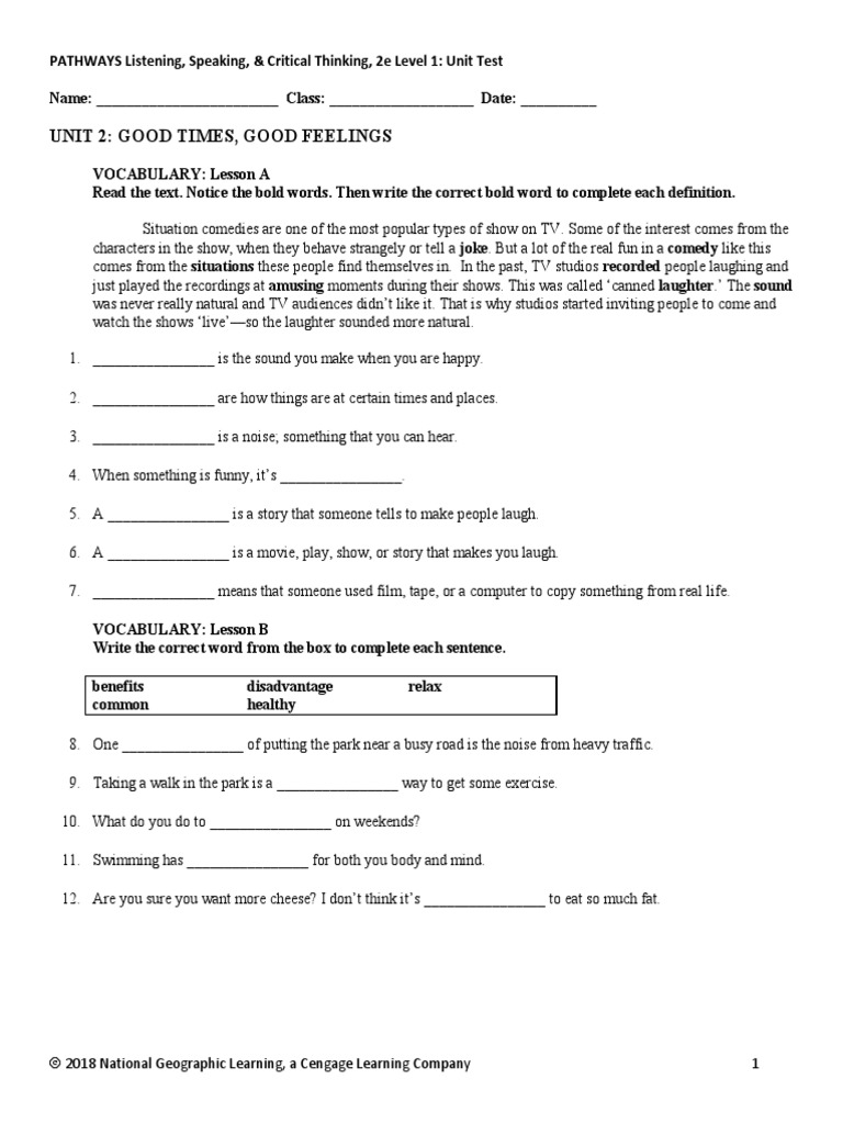 Pathways ls1 2e U2 Test 1 | PDF