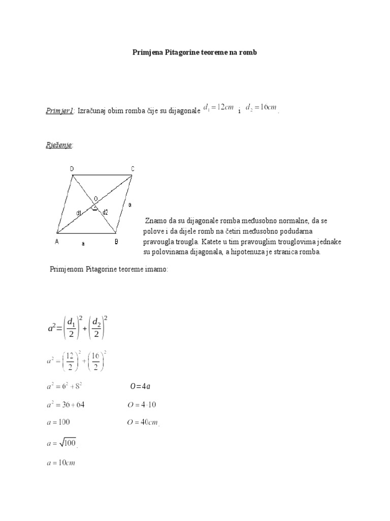 Primjena Pitagorine Teoreme Na Romb | PDF