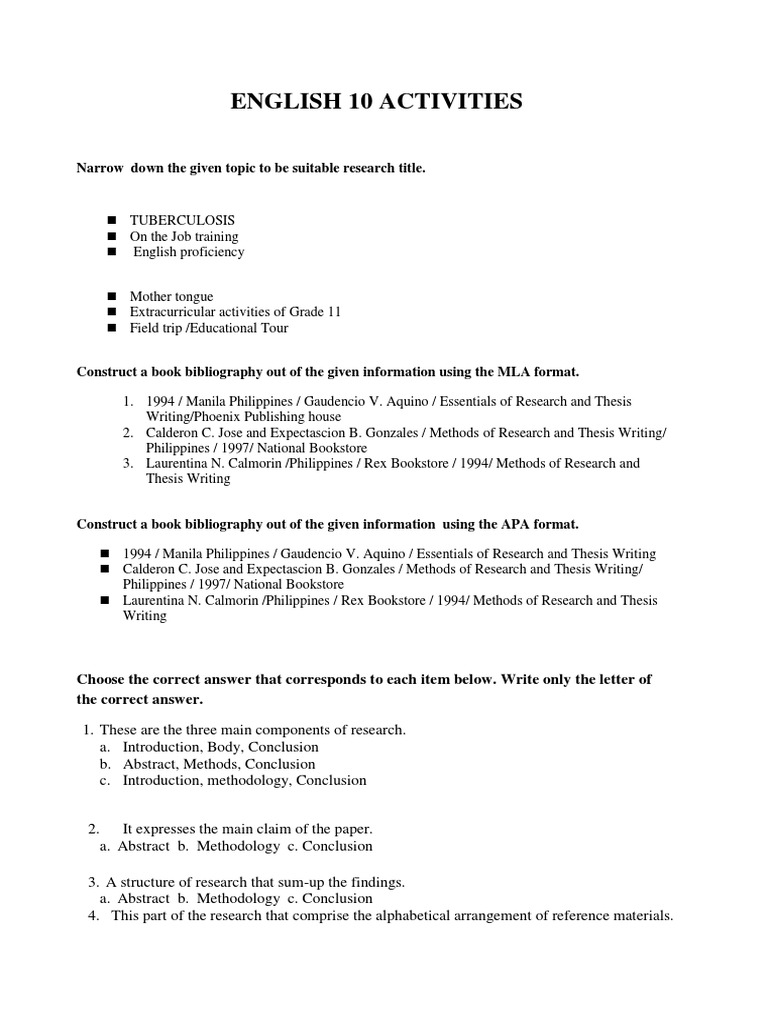 English 10 Activities Research | PDF | Academic Publishing | Thesis