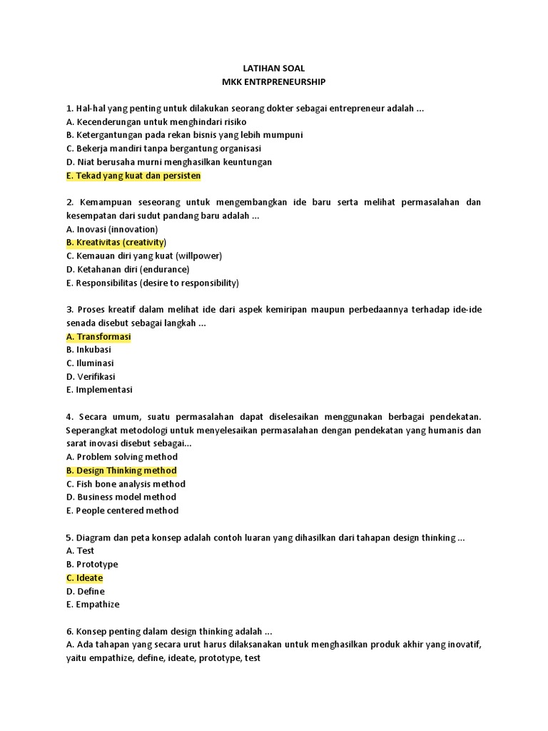 Soal Latihan MKK Entrepreneurship dan Design Thinking | PDF