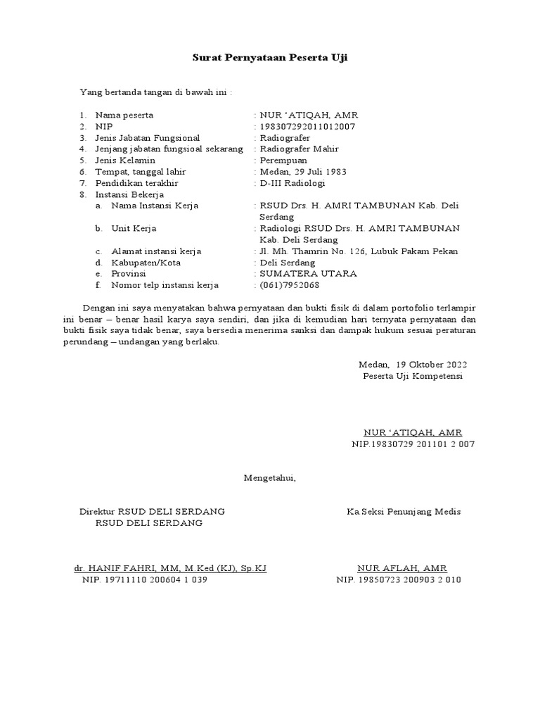 Surat Pernyataan Peserta Uji-1 | PDF
