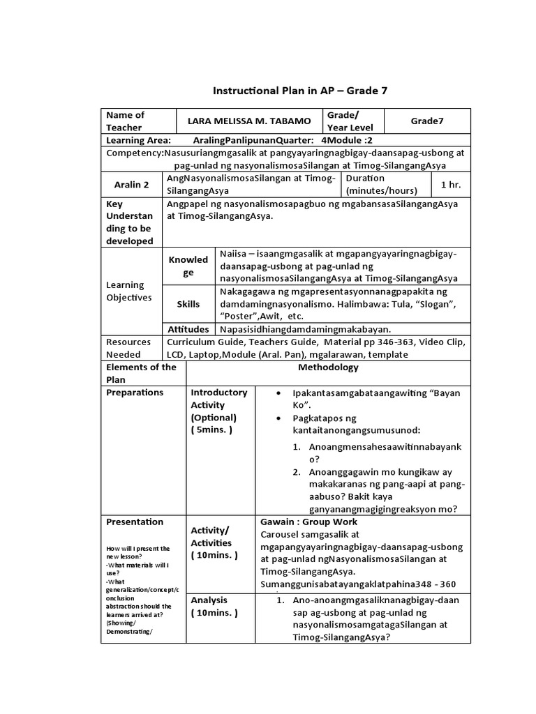 Instructional Plan in AP - Grade 7 | PDF | Teaching | Education Theory