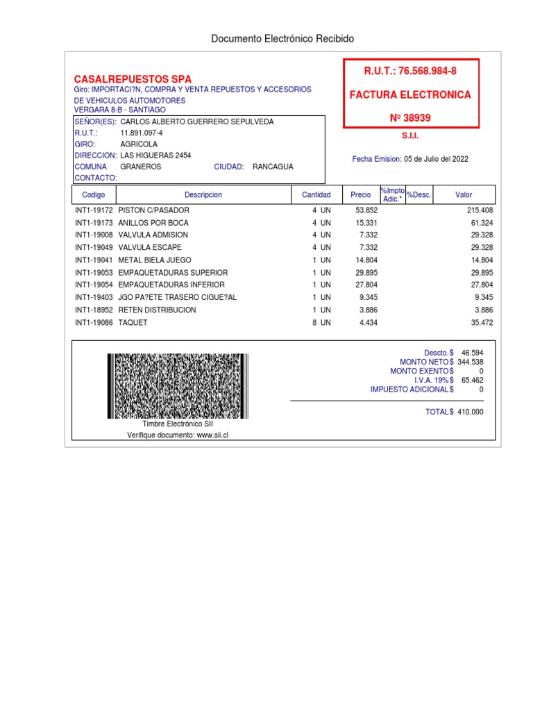 Casalrepuestos Spa R.U.T.: 76.568.984-8 Factura Electronica #38939 | Descargar gratis PDF ...