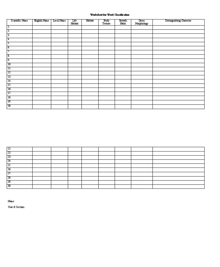 Worksheet For Weed Classification | PDF