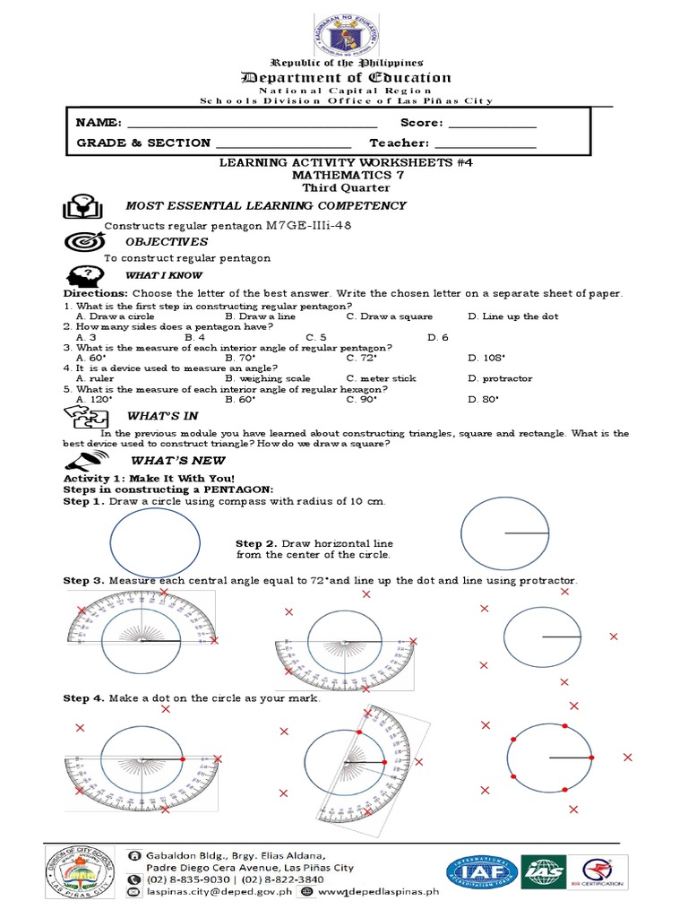 NAME: - Score: - GRADE & SECTION - Teacher | PDF | Circle | Angle