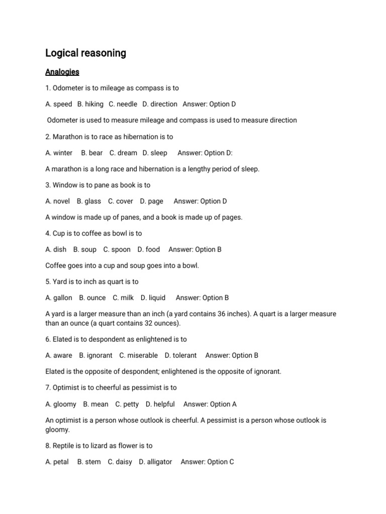 Logical reasoning analogies and answers | PDF