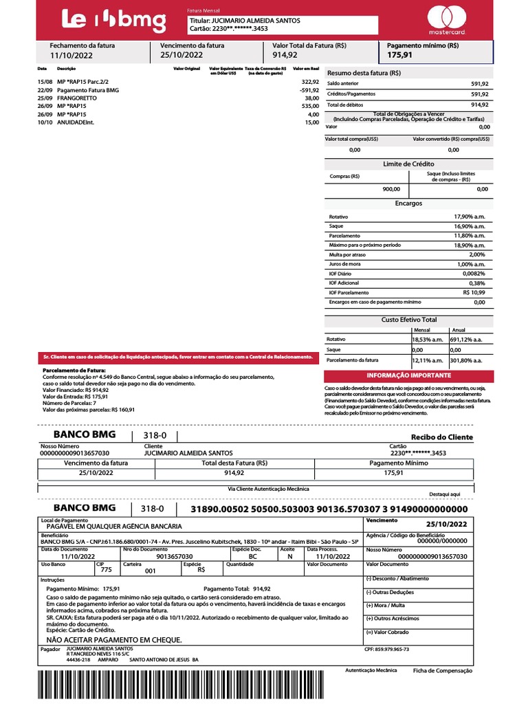 Fatura | PDF | Pagamentos | Bancos