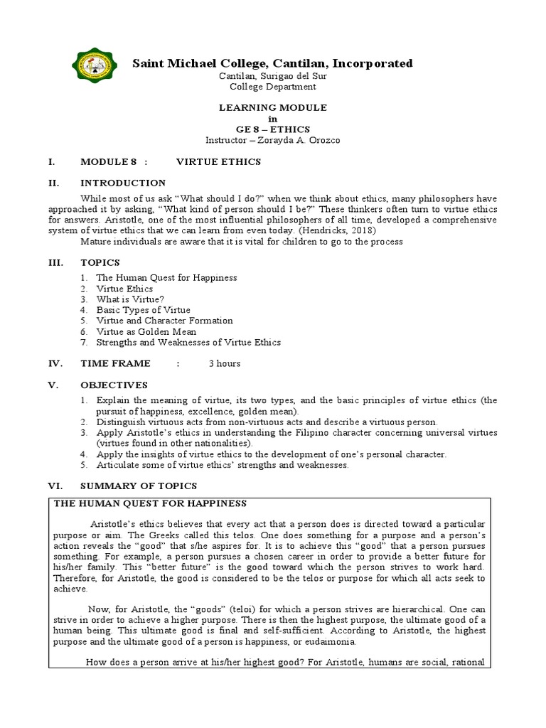 Module 8 GE Ethics | PDF | Virtue | Virtue Ethics
