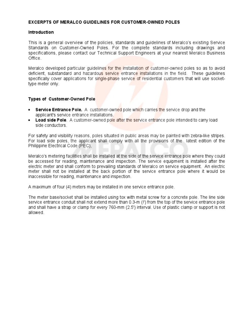 Meralco Guidelines For Customer Owned Poles | PDF | Lumber | Concrete