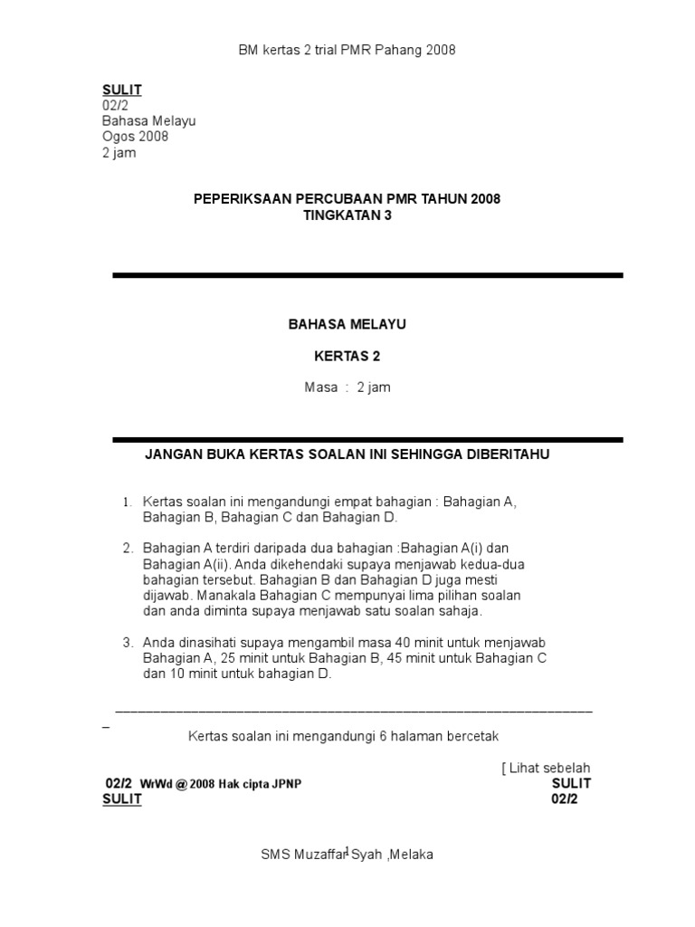 Pahang: Percubaan PMR 2008: BM Kertas 2 (& JWP) | PDF