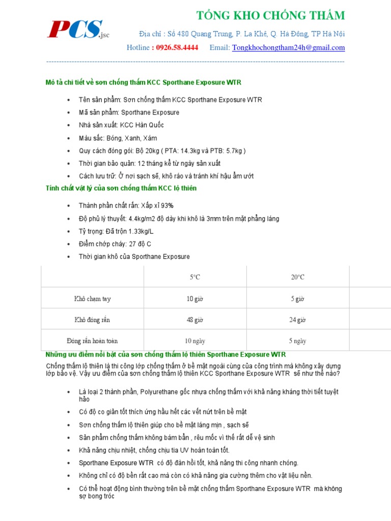 Tai Lieu Ky Thuat Cua Son Chong Tham KCC Sporthane Exposure WTR | PDF